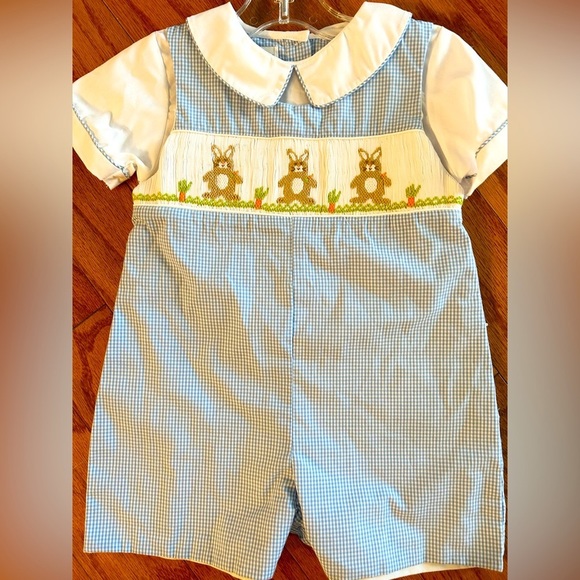 Petit Ami | One Pieces | Nwt Petit Ami Smocked Bunny Rabbit Shortall Romper Boys 2 Months With ...